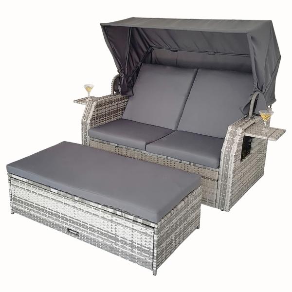 Quality Leisure Outdoor Rattan Double Sun Bed Rattan Wicker Chaise Lounge Daybed With Canopy for sale