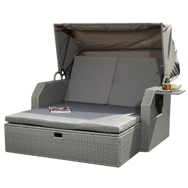 Quality Leisure Outdoor Rattan Double Sun Bed Rattan Wicker Chaise Lounge Garden Poolside Canopy Bed  Sofa Bed With Stool Bench for sale