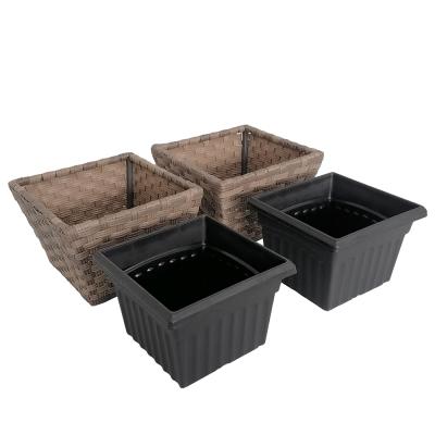 China Metal Frame PE Wicker Plastic Pots Artificial Woven Home Garden Plant Pots for sale