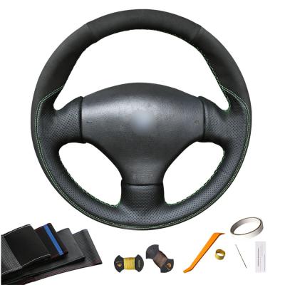 China Handnaaien Zwart Suede Echt Huid Custom Steering Wheel Cover Voor Peugeot 206 1998 1999 2000 2001 2002 2003 2004 2005 Te koop