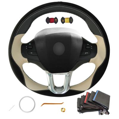 China Handnaaien DIY Zwart Suede Leer Beige Design Gepersonaliseerde stuurwiel cover Voor Peugeot 2008 Te koop