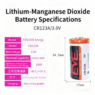 China CR123A 3V Lithium Manganese Dioxide Battery with 1.4AH Capacity, High Current Pulse Discharge, and Wide Operating Temperature Range (-40°C to +70°C) for sale