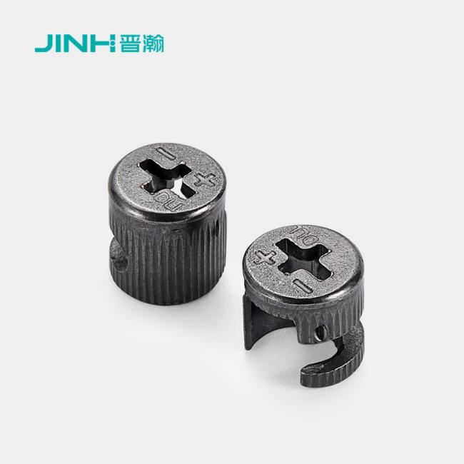Black nickel plated minifix cam connector close-up view
