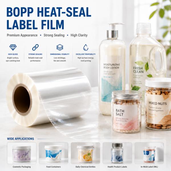 Quality BOPP Heat Sealable Label Film 30-40um Tamper Evident Seal Cosmetic Cap Condiment Bucket Label for sale