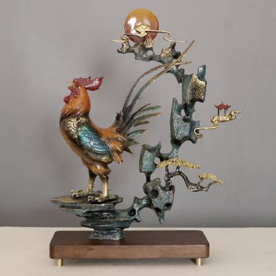 China Ancient Style Copper and Walnut Chicken Shaped Bronze Ornament with 460*140*565mm Size and Chinese Idiom Design for sale