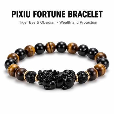 China Pixiu Feng Shui Bracelet for Men Women - Tiger Eye Obsidian Wealth Luck Bracelet Chinese Good Luck Charm Handmade, Protective Gift for sale