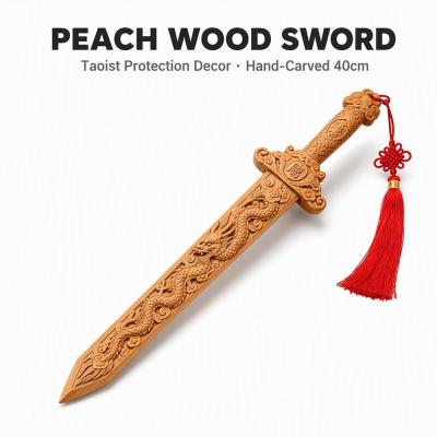 China Peach Wood Sword Wall Decor 40cm - Hand Carved Chinese Taoist Sword for Protection, Feng Shui Evil Spirit Warding Ornament, Traditional Home Gift for sale