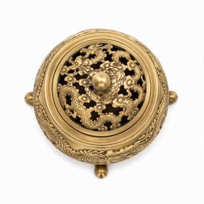 China Brass Tripod Incense Censer with Dragon Relief 13cm for Temple for sale