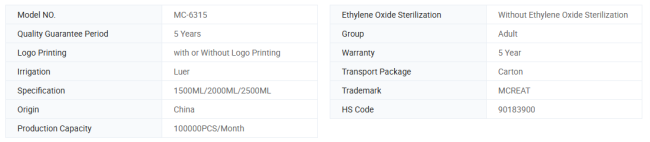 Basic data specifications for suction liner bag system
