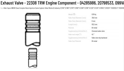 China Válvula de escape TRW 04285986 20798533 099VA91219000 22308 Componente do motor concebido para oficinas de reparação de máquinas à venda
