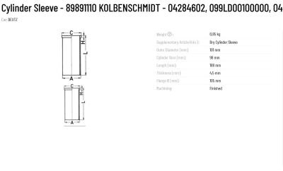 China KS Cylinder Sleeve 89891110 KOLBENSCHMIDT 04284602 099LD00100000 04515121 Te koop