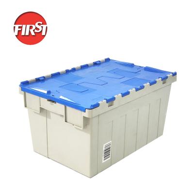 China 60L Attached Lid Container Plastic Crate for Heavy-Duty Transportation for sale