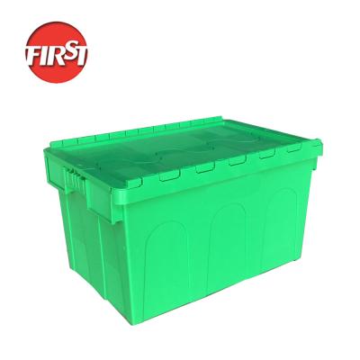 China 66L Plastic Storage Tote with Hinged Attached Lid Container 600*400*350mm High Volume for sale