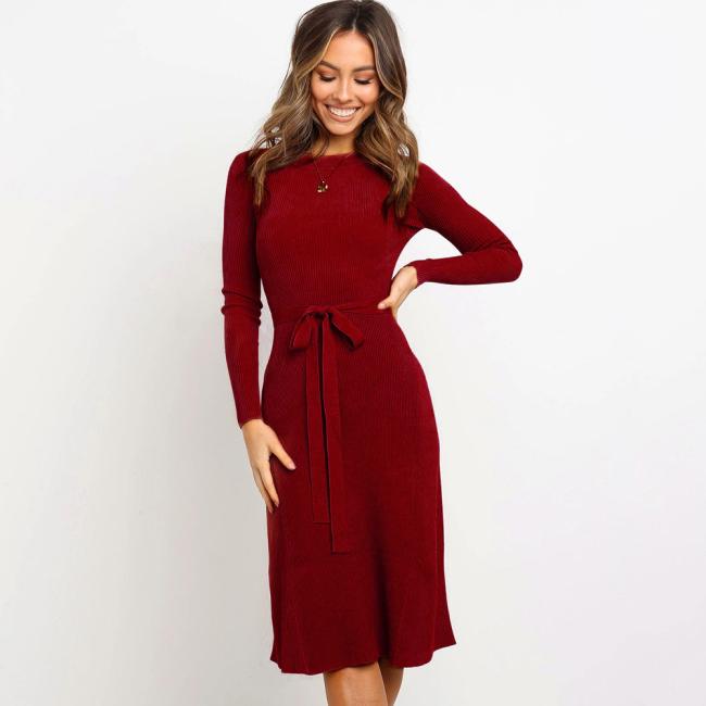 Women Fall Solid Long Sleeve Knit Tight Dress with Belt