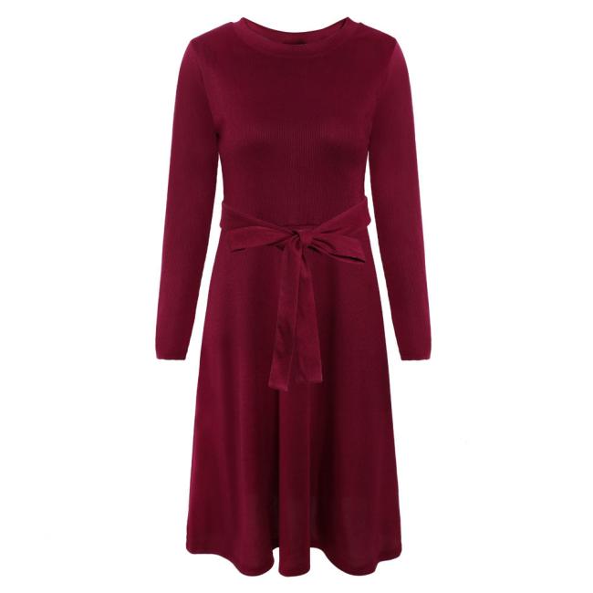 Women Fall Solid Long Sleeve Knit Tight Dress with Belt