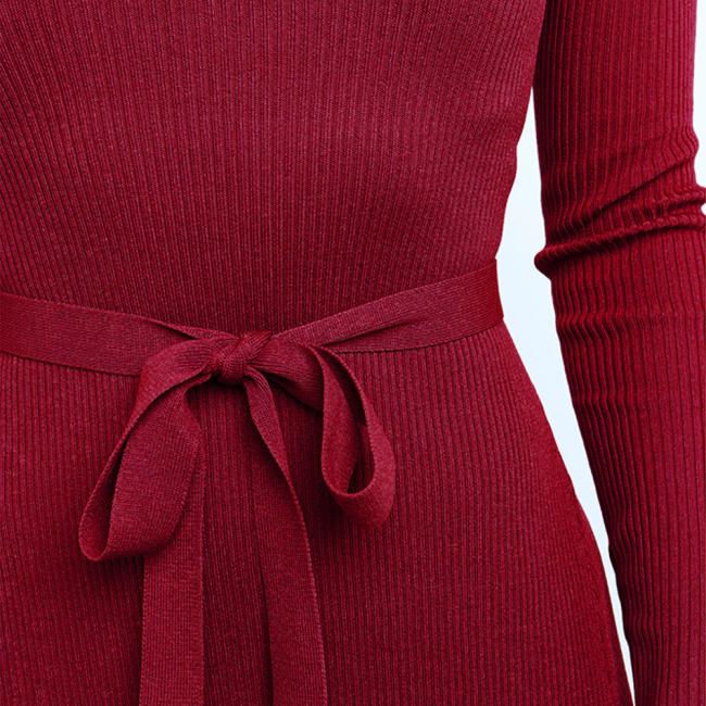 Women Fall Solid Long Sleeve Knit Tight Dress with Belt