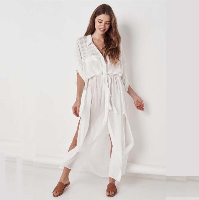 Women Sexy White Blouse Long Split Beach Dress with Good Quality