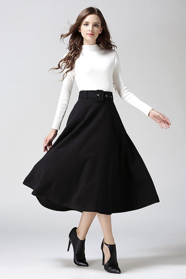 A-Line Skirt High Waist Long Skirt Free Belt