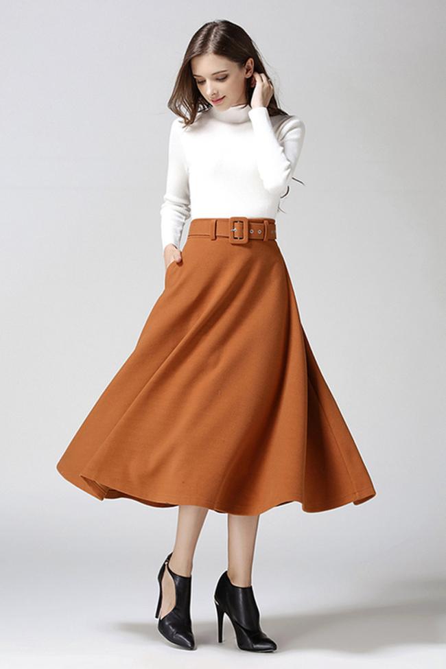A-Line Skirt High Waist Long Skirt Free Belt