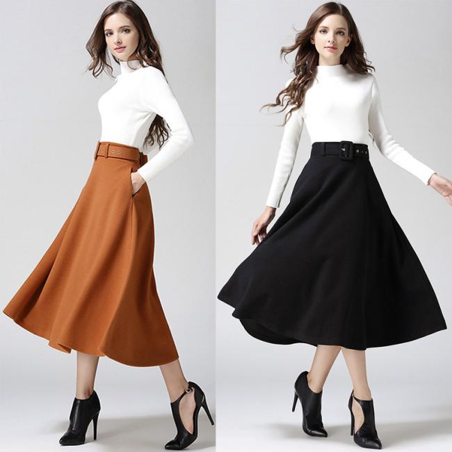 A-Line Skirt High Waist Long Skirt Free Belt