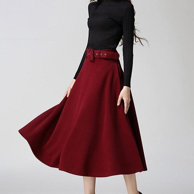 A-Line Skirt High Waist Long Skirt Free Belt