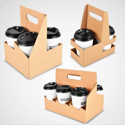 China Disposable Paper Milk Tea Coffee Cup Holder Tray With Handle Kraft Paper Beverage Offset Printing Paper for sale