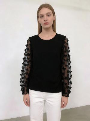 China Black Floral Mesh Sleeve Crew Neck Top with Elegant Chiffon Body for sale