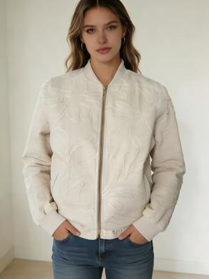 China Off White Cotton Bomber Jacket with Raised Leaf Embroidery and Regular Fit for sale