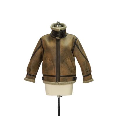 China Vintage-Inspired Brown Faux Shearling Jacket with High Collar Design for sale
