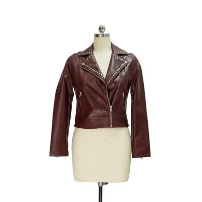 China Burgundy Cropped PU Leather Biker Jacket with Silver Studded Lapels for sale