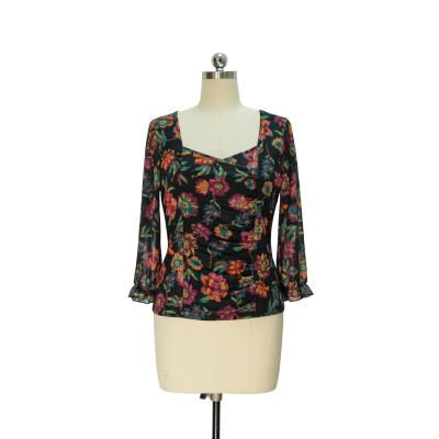 China Lightweight Printed Mesh 70D Blouse with Crew Neck and Floral Design for sale