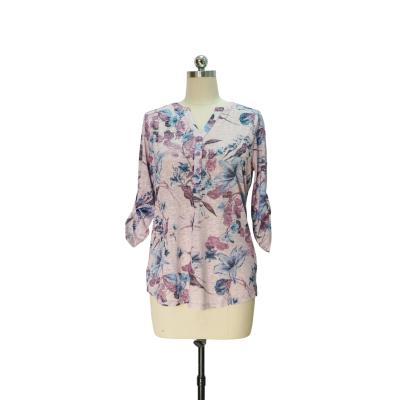 China Soft Floral Print Henley Top with Roll-Up Sleeves for sale