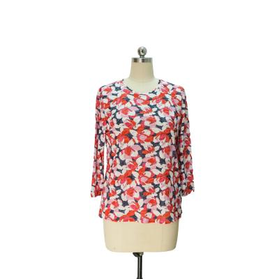 China Women's Floral Print 3/4 Sleeve Round Neck Top for sale