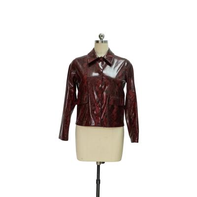China Shiny Snake Print Burgundy PU Jacket - Machine Washable Casual Coat for Fall/Winter for sale