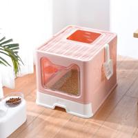 China Foldable Large Cat Litter Box Plastic Rectangular Closed For Cats in Pink/Blue/Grey for sale