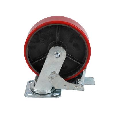 China 100 mm de trabajo pesado núcleo de hierro fundido PU Caster rojo poliuretano rodillos y ruedas universales para el carrito en venta