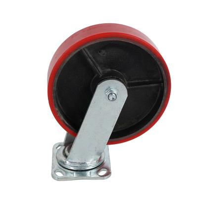 China 100 mm de trabajo pesado núcleo de hierro fundido PU Caster rojo poliuretano rodillos y ruedas universales para el carrito en venta