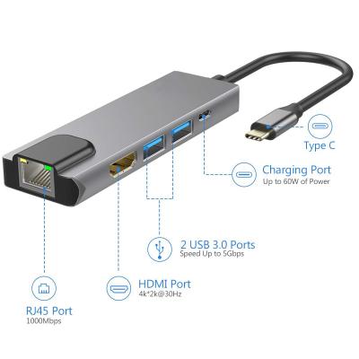 Cina Adattatore 5 di Multiport dei hub di PD3.0 USB C in 1 3,1 USB C Rj45 al connettore HDMI 30hz in vendita