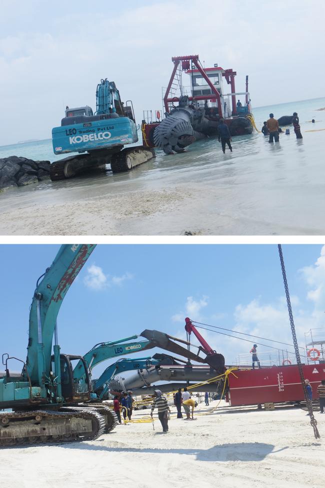 Dredger equipment assembly process at worksite