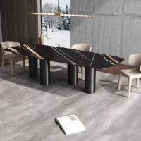 China Luxury Ceramic Marble Top Dining Table with 8 Chairs 1.6cbm Stainless Steel Base for sale
