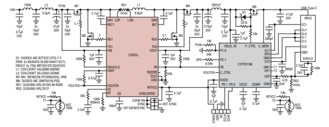 Принципиальная схема применения - тип-C™ регуляторы Inc. LT8253/LT8253A USB аналоговых устройств Самц оленя-поддержки