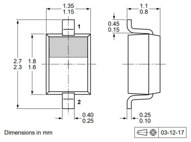 Disegno tecnico - diodi a corrente debole del regolatore di tensione di Nexperia BZX38450