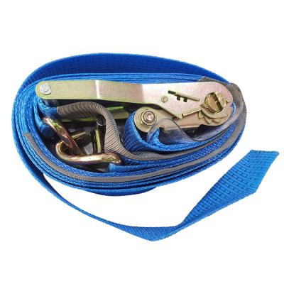 China Heavy Duty 4-Ton 5-Meter Ratchet Tie Down Strap - High-Tenacity Blue Polyester Webbing with Double J Hooks for sale
