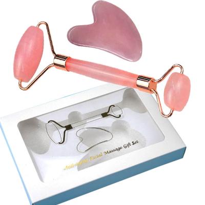 China Silver Frame Color 2 in 1 Natural Jade Roller and Gua Sha Set for Facial Massage for sale