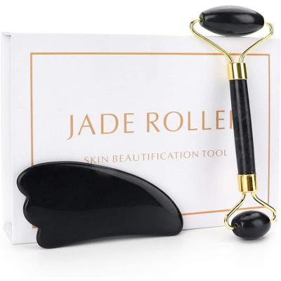 China Box OEM Natural Quartz Gua Sha Stone Black Obsidian Jade Guasha Massage Roller for Facial Skincare Tool Set for sale