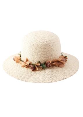 China Sommer-Blumen-breite Rand-Strohhüte für Frauen, kakifarbiger schlaffer Strand-Hut zu verkaufen