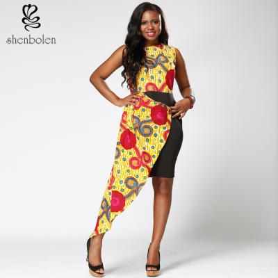 Cina Cotone rotondo della cera del mosaico 100% del collare dalla stampa di stile di Dashiki del vestito di lunghezza africana del Midi in vendita