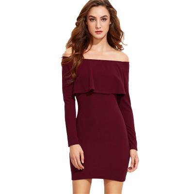China Women Sexy long sleeve casual dresses Card Shoulder Ruffles Decoration for sale