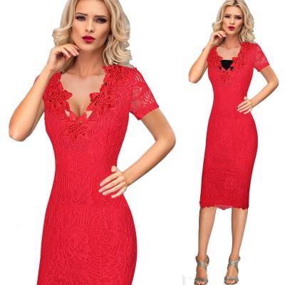 China Bud Silk women's casual dress clothes , red knee length dress Short Sleeves for sale