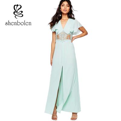 China Freshest Sweet Button Front Lace Insert Flutter Sleeve Chiffon Women Casual Dresses for sale